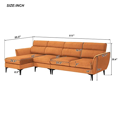 BIADNBZ Sectional Sofa with Reversible Chaise Lounge, Modern Flannel L-Shaped Couch for Living Room, 111", Orange