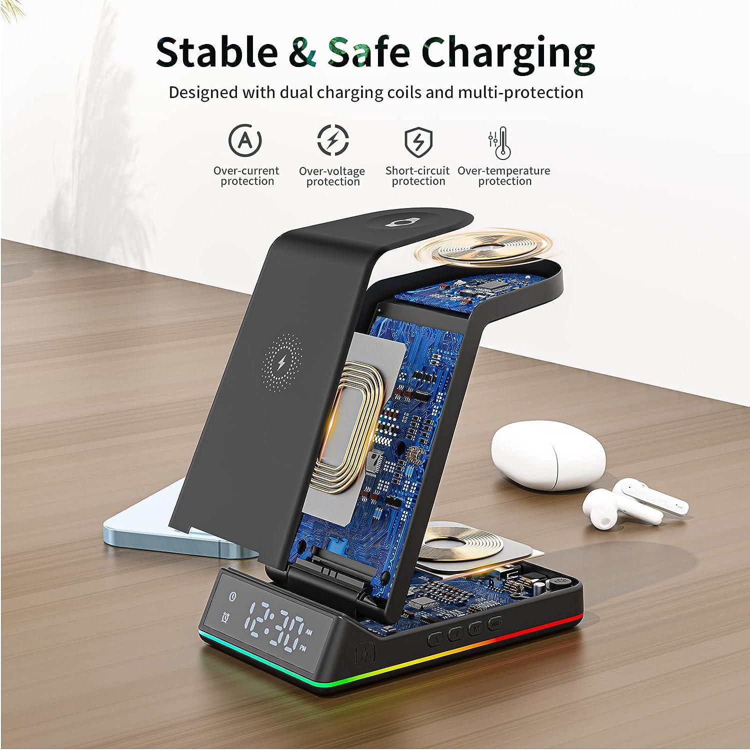 Wireless Charging Station, 5 in 1 Wireless Charger [with Alarm/Clock/Night Light] 15W Wireless Charging Dock Stand for iPhone 14/13/12/11,Samsung Phones,Apple Watch Series & Airpods