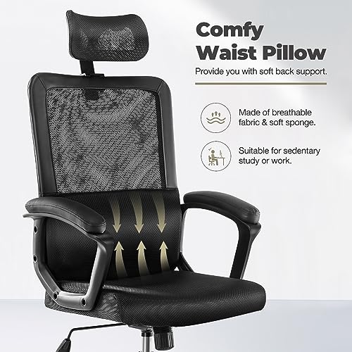 JHK Home Office Desk Chair, Ergonomic Office Chair with Adjustable Headrest and Soft PU Armrest, Swivel Rolling Chair Mesh Reclining Computer Chair with Lumbar Support and Tilt Function, Black