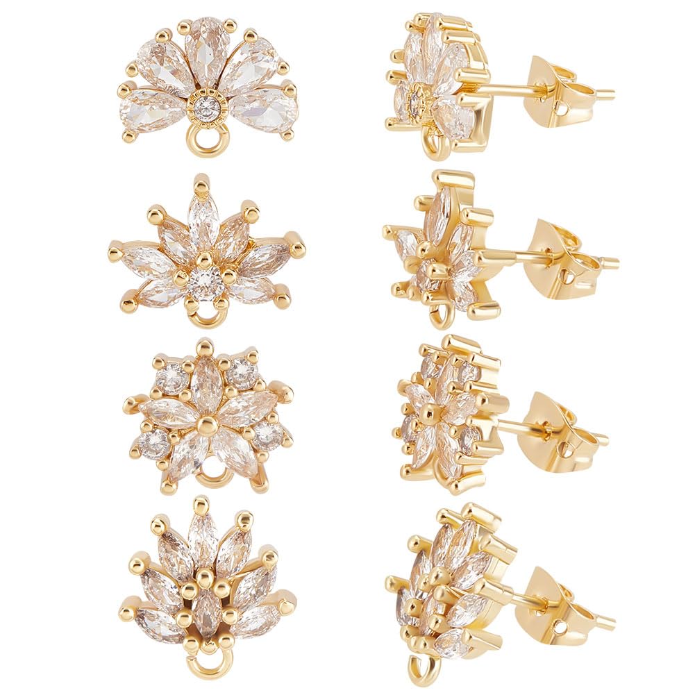 Beebeecraft 4 Pairs 4 Styles Cubic Zirconia Earring Findings Flower Diamond Stud Posts with Loop and 8Pcs Butterfly Earring Backs for DIY Earring Jewelry Making