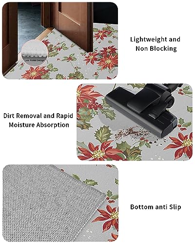 Indoor Outdoor Mats, Christmas Flowers and Leaves Tile Pattern Door Mat, Non-Slip Absorbent Resist Dirt Entrance Mat Washable Welcome Mats for Entryway, Low-Profile Floor Mats