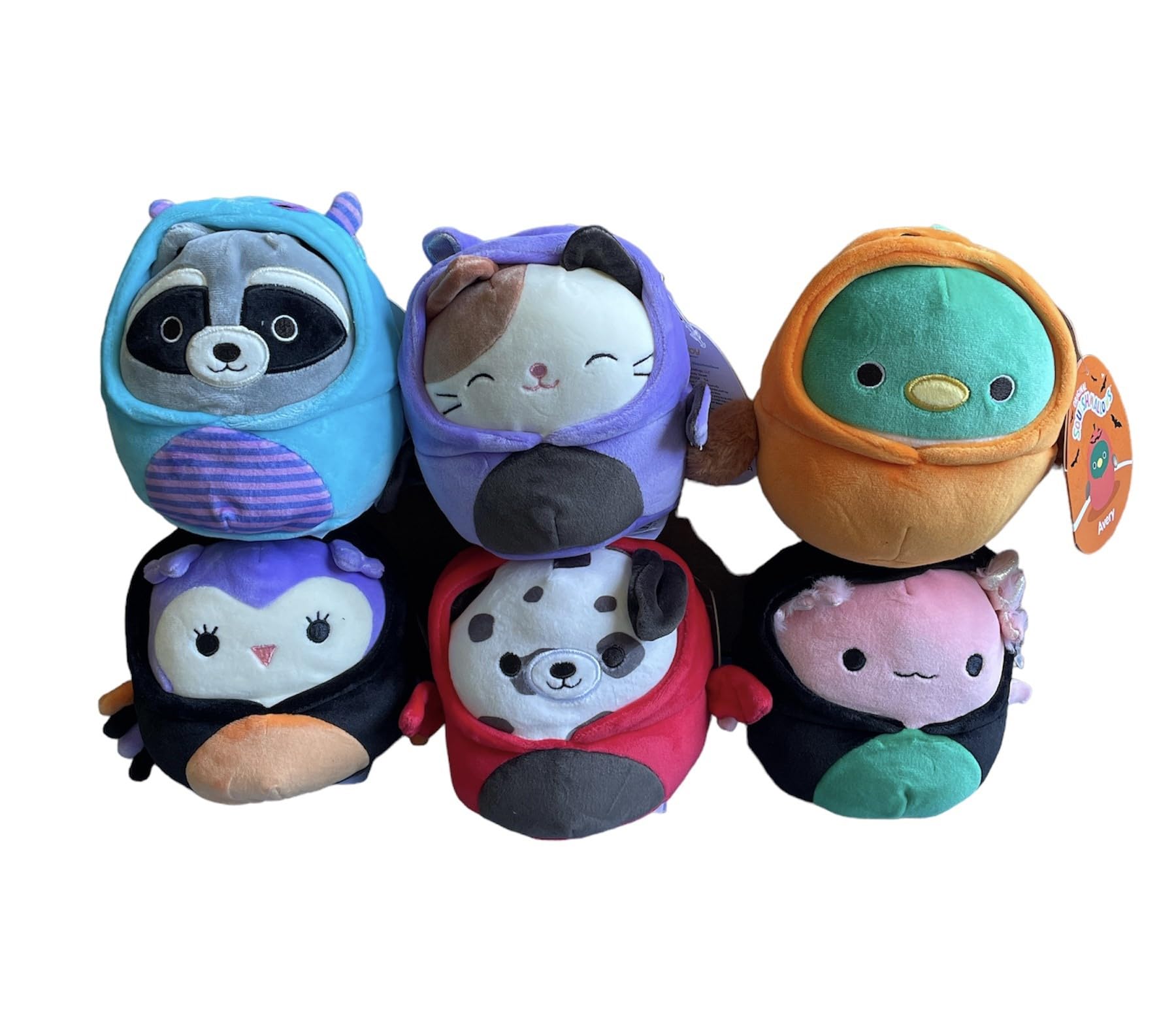 Squishmallows 5 inch Halloween Plush with Costume - Set of 6 Plush - Archie The Pink Axolotl, Holly The Purple Owl, Cam Cat, Dustin The Dalmatian, Rocky The Raccoon, Avery The Duck. KellyToy Plush
