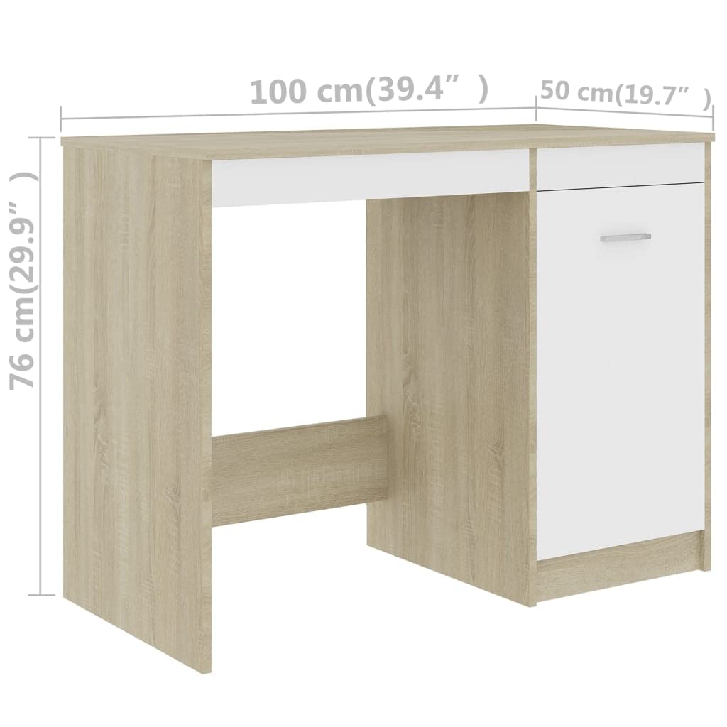 ULUYYUC Desk,Computer Desks Bedroom Desks Study Desk with Doors Suitable for Home, Office, Bedroom, Conference Room, etc White and Sonoma Oak 39.4"x19.7"x29.9" Engineered Wood