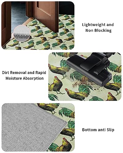 Indoor Outdoor Mats, Retro Farm Rooster Tile Pattern Door Mat, Non-Slip Absorbent Resist Dirt Entrance Mat Washable Welcome Mats for Entryway, Low-Profile Floor Mats