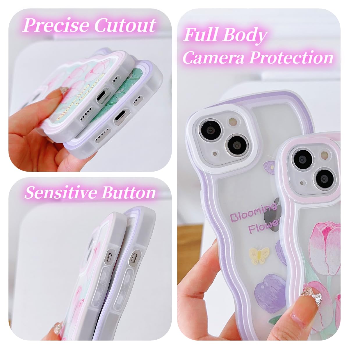 UICEAM Compatible with iPhone 13 Pro Max Case Clear with Floral Design for Women Girls,Aesthetic Cute Wavy Flowers Soft Shockproof Cell Phone Cover for iPhone 13 Pro Max (Rose/White)