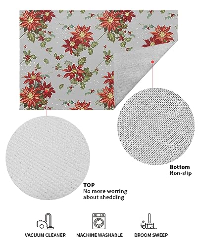 Indoor Outdoor Mats, Christmas Flowers and Leaves Tile Pattern Door Mat, Non-Slip Absorbent Resist Dirt Entrance Mat Washable Welcome Mats for Entryway, Low-Profile Floor Mats