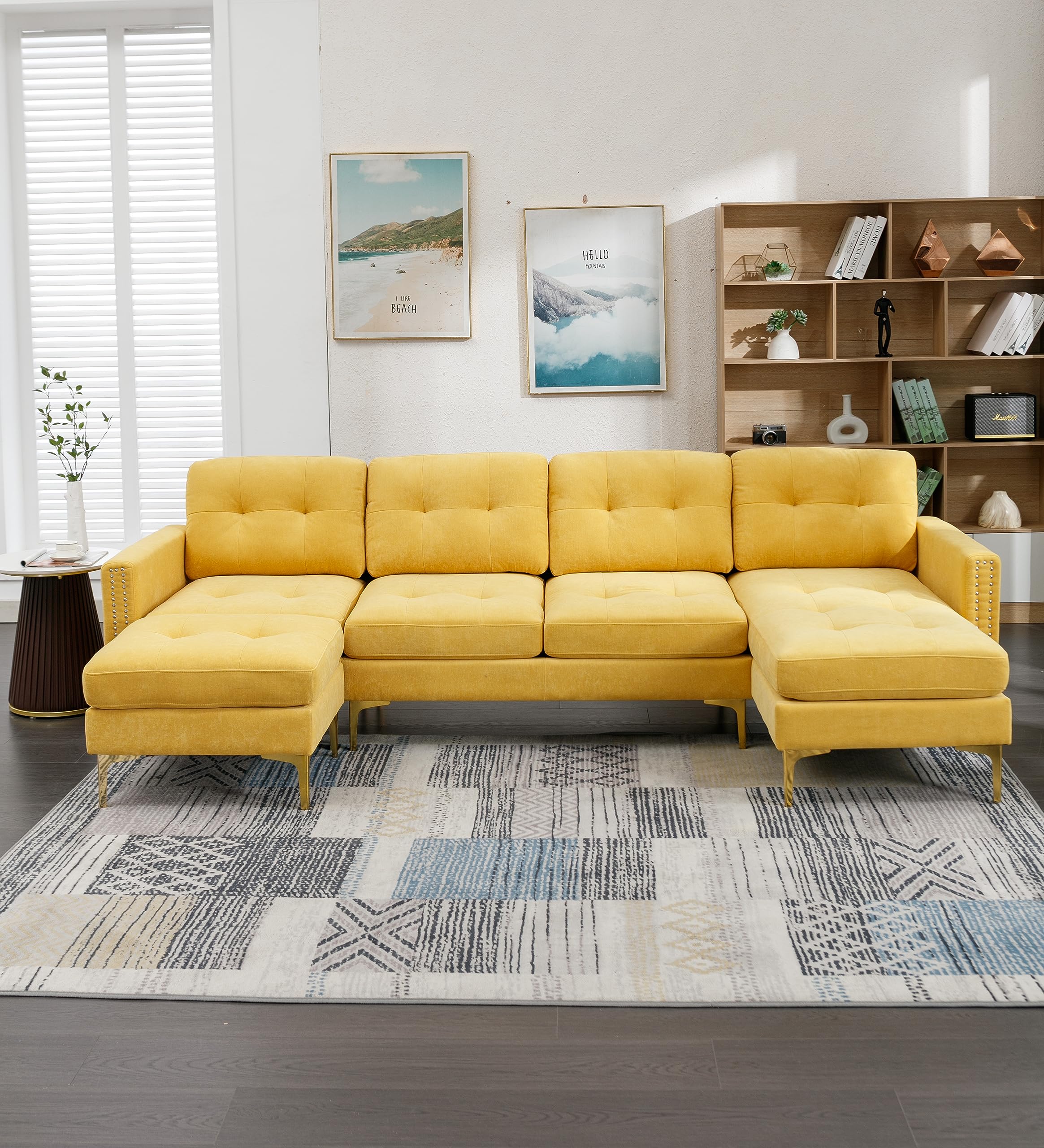 EMKK Corner 110" Convertible Sectional Couch Furniture, 5 Seat Sofa for Living Room L/U Shaped Modern Fabric UpholsteredModular Sofá Sleeper with Double Chaise & Memory Foam & Movable Ottoman, Yellow