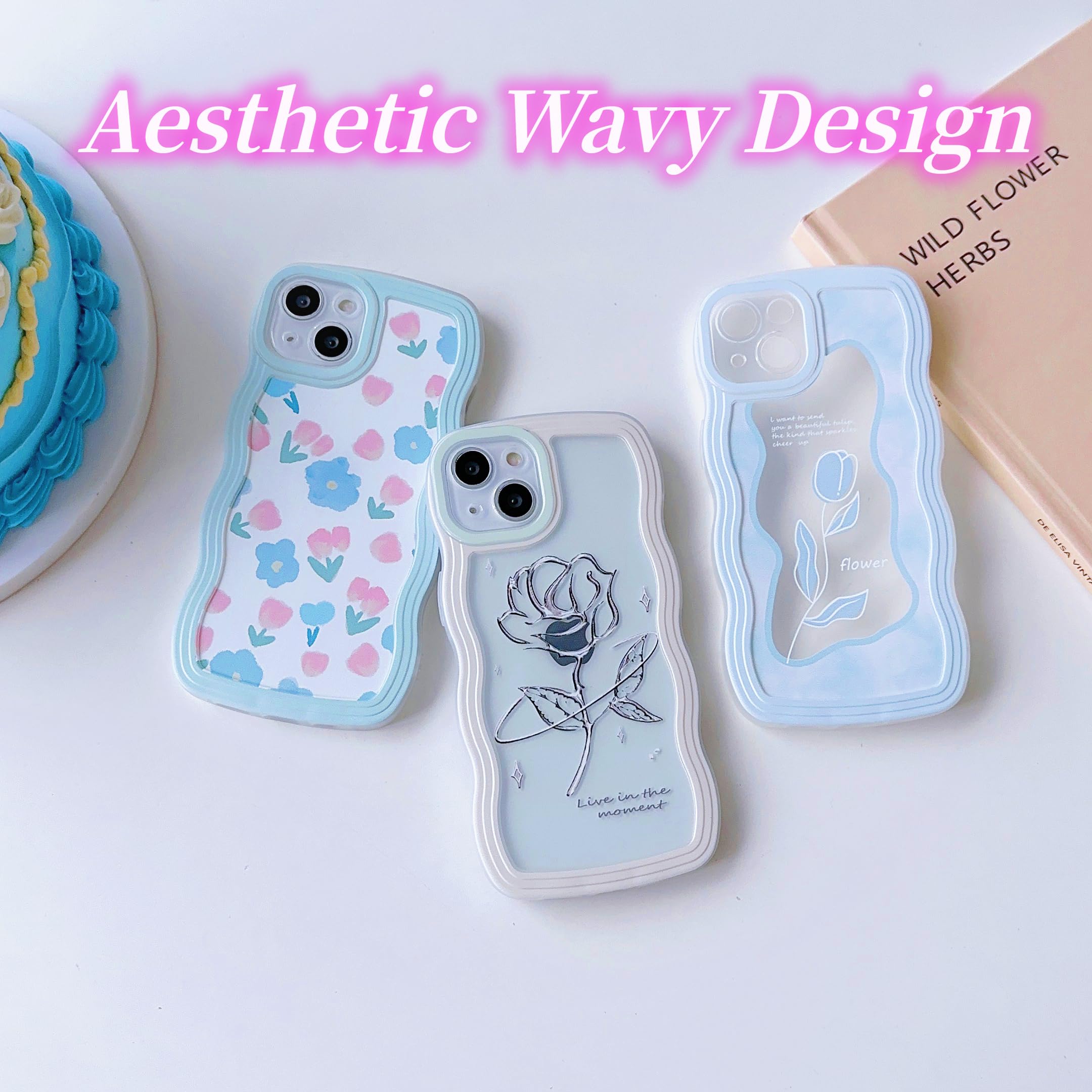 UICEAM Compatible with iPhone 13 Pro Max Case Clear with Floral Design for Women Girls,Aesthetic Cute Wavy Flowers Soft Shockproof Cell Phone Cover for iPhone 13 Pro Max (Rose/White)
