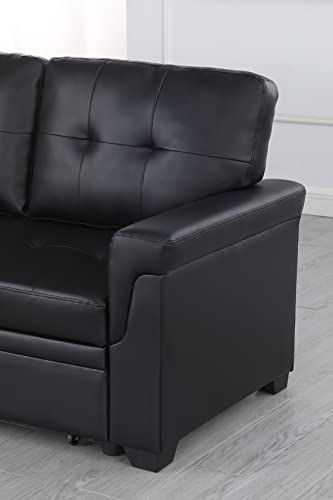 OMGO Leather L Shaped Reversible Sectional Sofa w/Storage Chaise, Convertible Corner Couch with Pull Out Bed, for Small Space Apartment, Living Room, Bedroom
