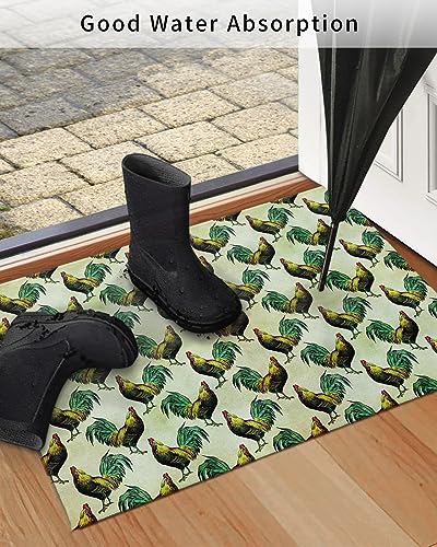 Indoor Outdoor Mats, Retro Farm Rooster Tile Pattern Door Mat, Non-Slip Absorbent Resist Dirt Entrance Mat Washable Welcome Mats for Entryway, Low-Profile Floor Mats