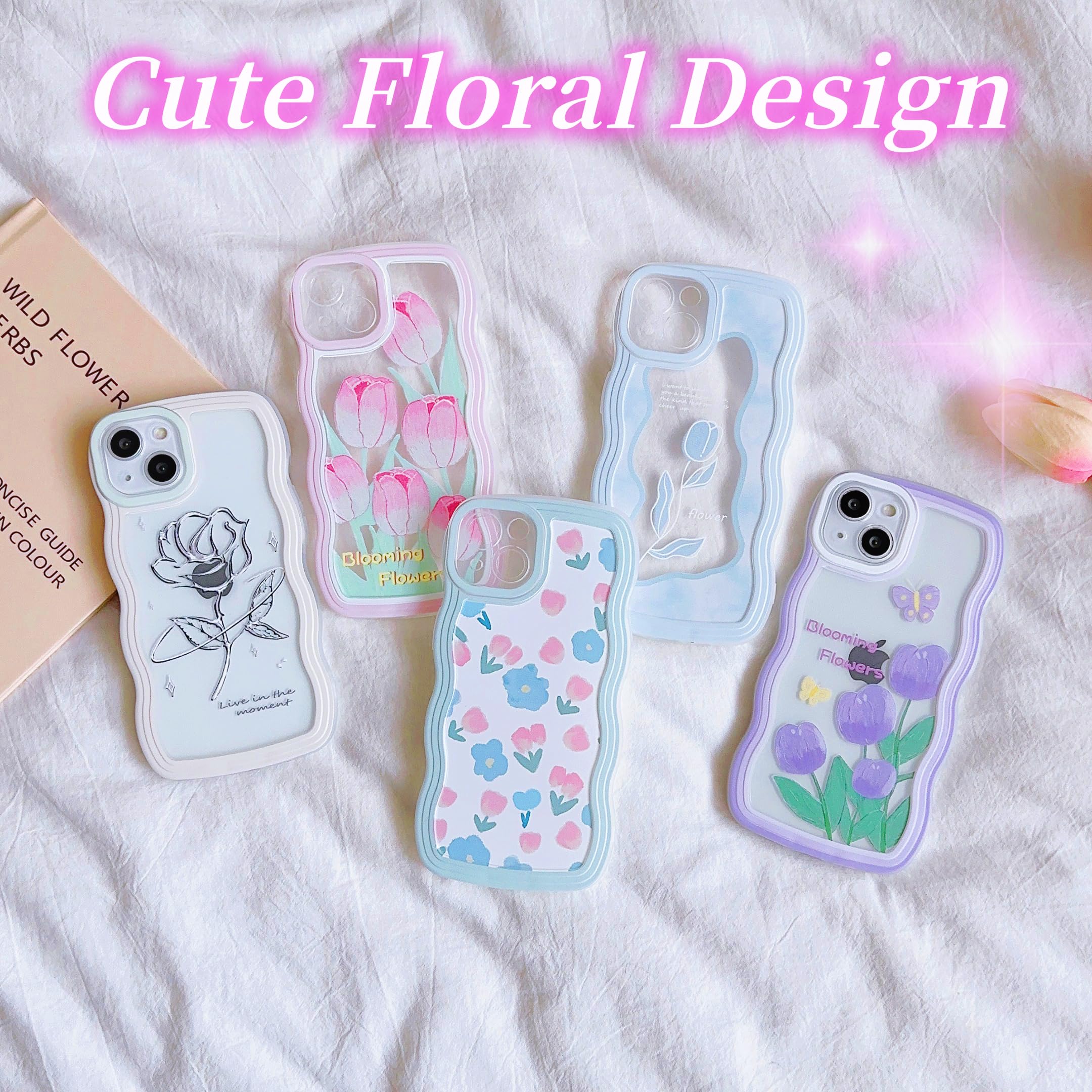 UICEAM Compatible with iPhone 13 Pro Max Case Clear with Floral Design for Women Girls,Aesthetic Cute Wavy Flowers Soft Shockproof Cell Phone Cover for iPhone 13 Pro Max (Rose/White)