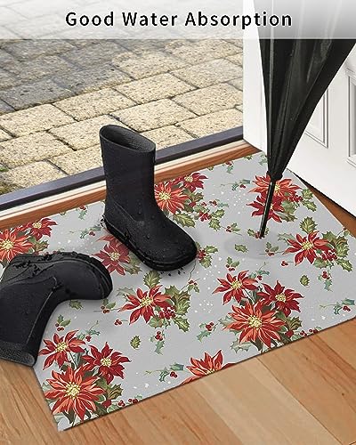 Indoor Outdoor Mats, Christmas Flowers and Leaves Tile Pattern Door Mat, Non-Slip Absorbent Resist Dirt Entrance Mat Washable Welcome Mats for Entryway, Low-Profile Floor Mats