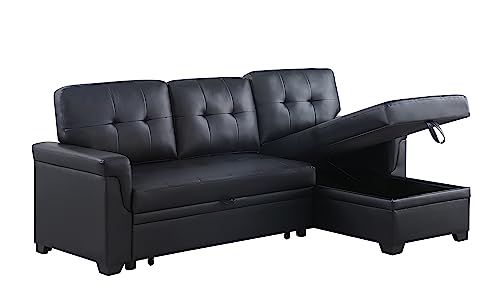 OMGO Leather L Shaped Reversible Sectional Sofa w/Storage Chaise, Convertible Corner Couch with Pull Out Bed, for Small Space Apartment, Living Room, Bedroom