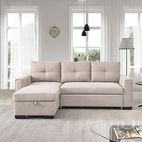 American Furniture Classics Beige Tufted Sectional Chaise Sofa Sleeper with Storage, 92" x 59" x 36"