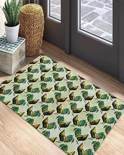 Indoor Outdoor Mats, Retro Farm Rooster Tile Pattern Door Mat, Non-Slip Absorbent Resist Dirt Entrance Mat Washable Welcome Mats for Entryway, Low-Profile Floor Mats
