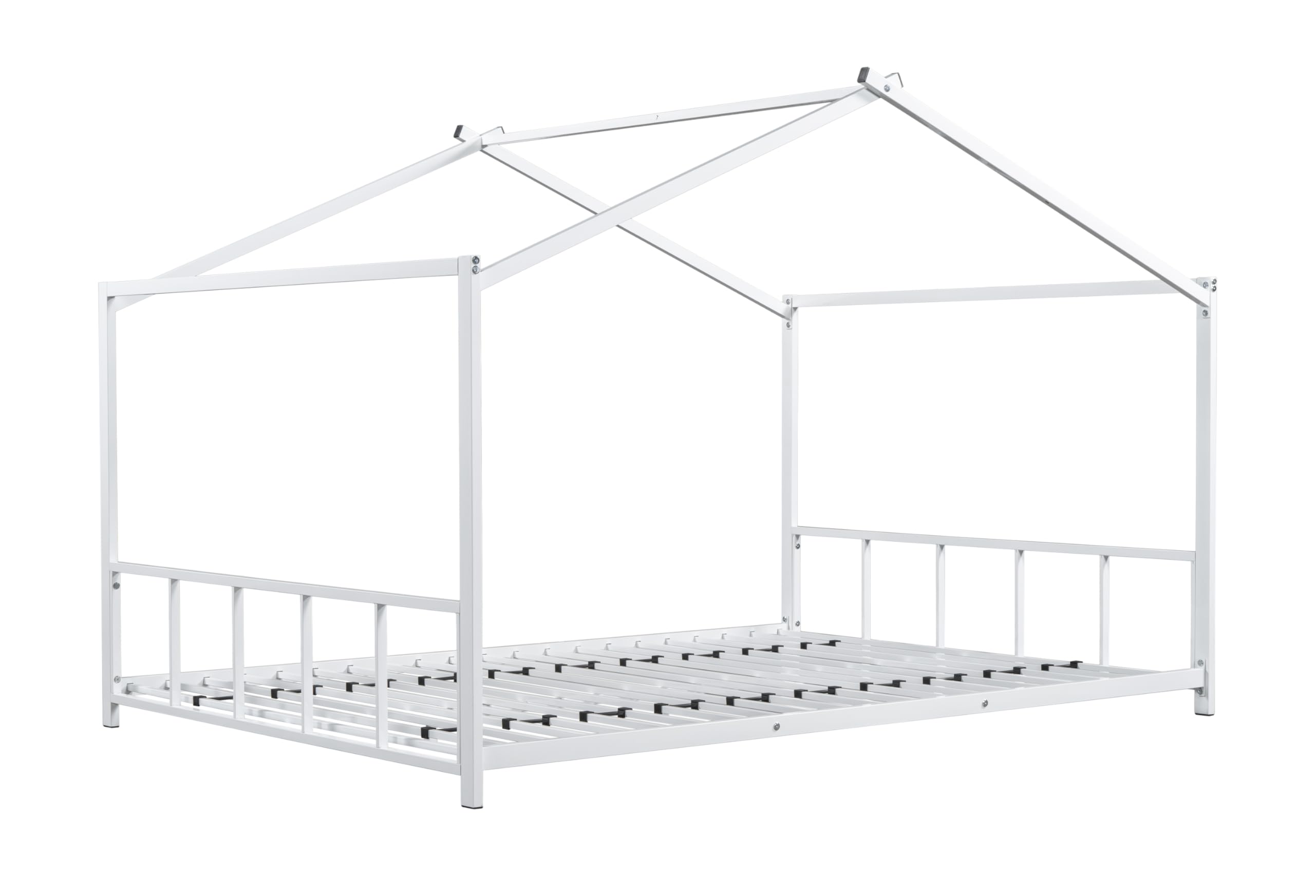 DNYN Full Size Metal House Bed with Roof Design for Kids Bedroom,Sturdy Steel Bedframe,No Box Spring Needed, White