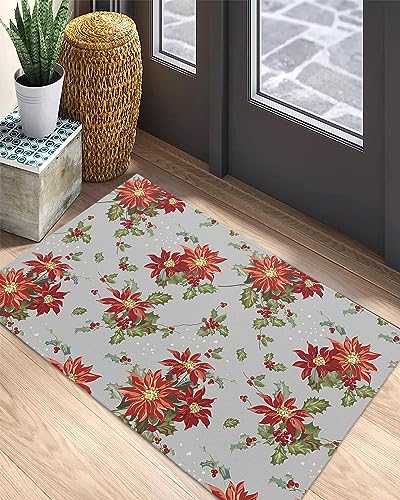 Indoor Outdoor Mats, Christmas Flowers and Leaves Tile Pattern Door Mat, Non-Slip Absorbent Resist Dirt Entrance Mat Washable Welcome Mats for Entryway, Low-Profile Floor Mats