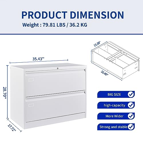2 Drawer Office Lateral File Cabinets with Lock,Metal Filing Cabinets for Home Office,Locking Steel Storage Wide Office Vertical Files Cabinet for Legal/Letter A4 Size,Office Organizer (White)