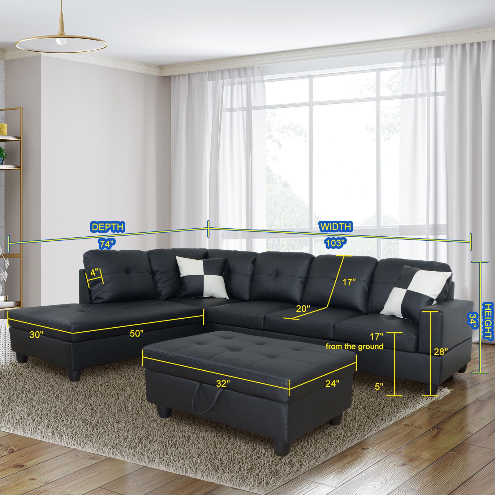 FANYE Linen Upholstery 82" Sectional w/Reversible Storage Chaise, L-Shaped 3-Seaters Corner Pull Out Sleeper Bed for Home Apartment Office Living Room Furniture Sets, Dark Gray Sofa & Couch, Black 1
