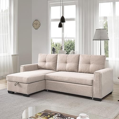 American Furniture Classics Beige Tufted Sectional Chaise Sofa Sleeper with Storage, 92" x 59" x 36"