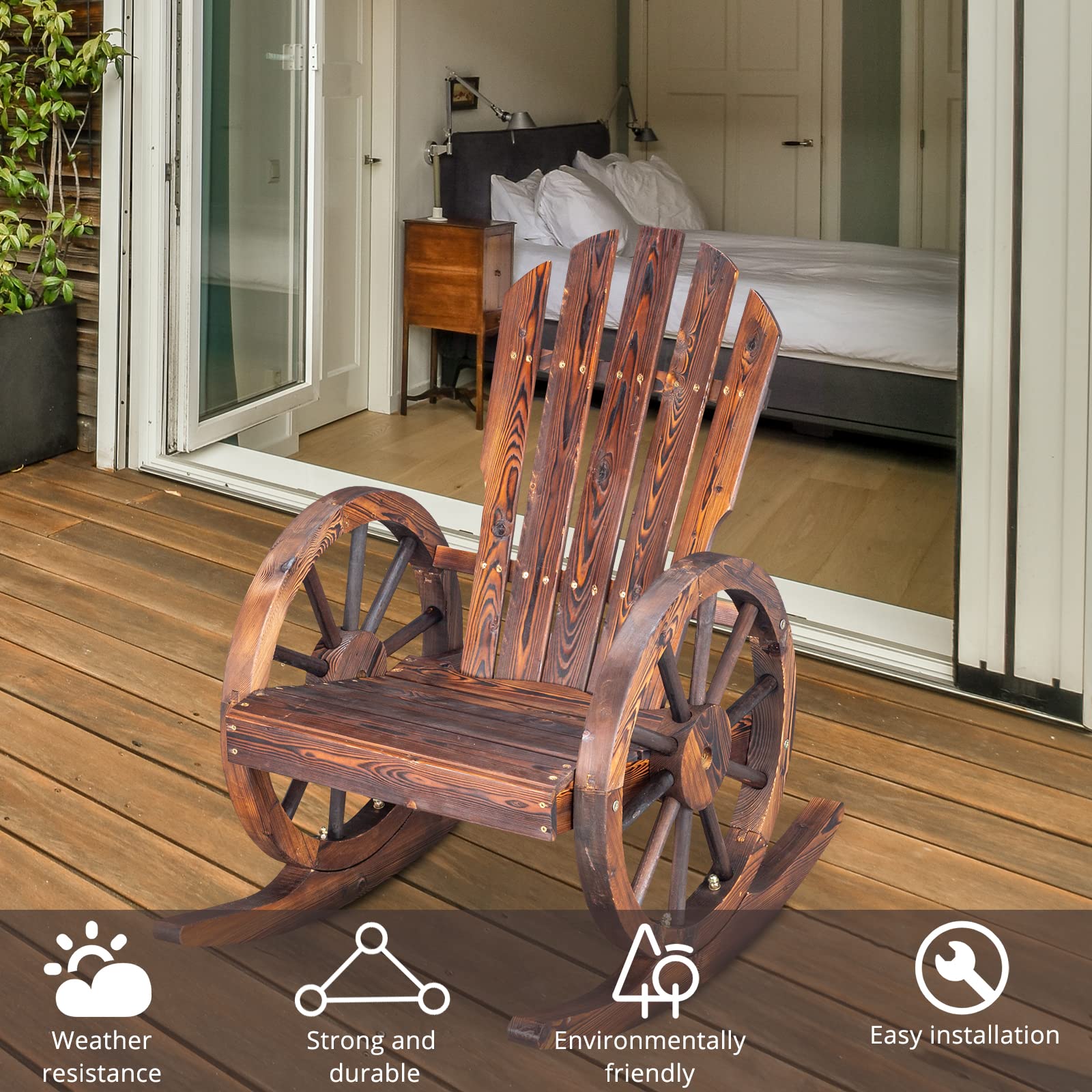 COOBL Log Rocking Chair,Solid Wood High Back Rocker with Wheel Armrest,All Weather Resistant Porch Rocker for Lawn Garden Backyard Patio