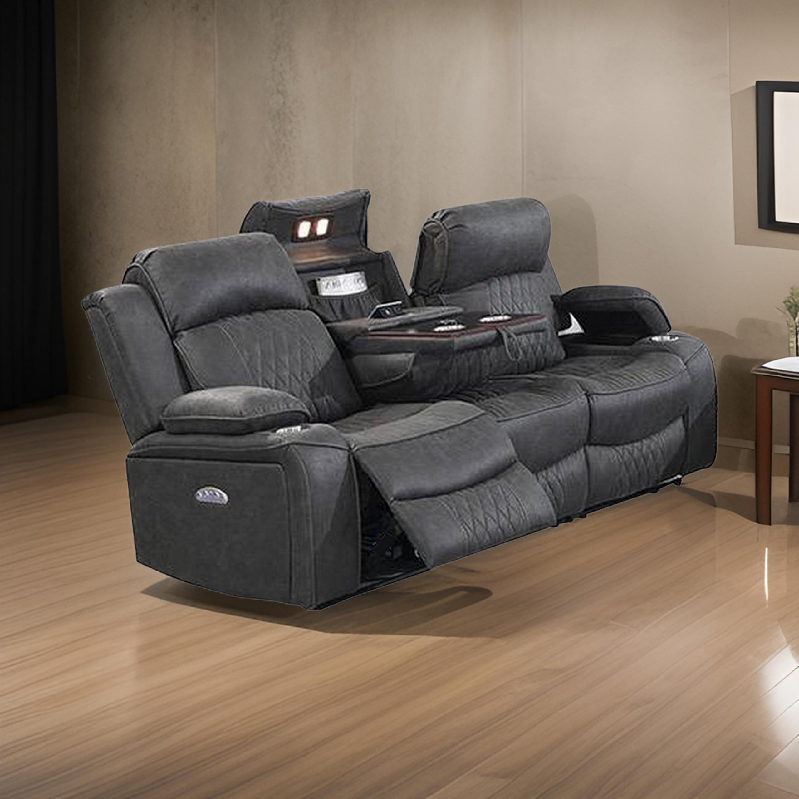 Benjara Seda 80 Inch Power Reclining Sofa, USB Port, Vegan Faux Leather, Charcoal Gray