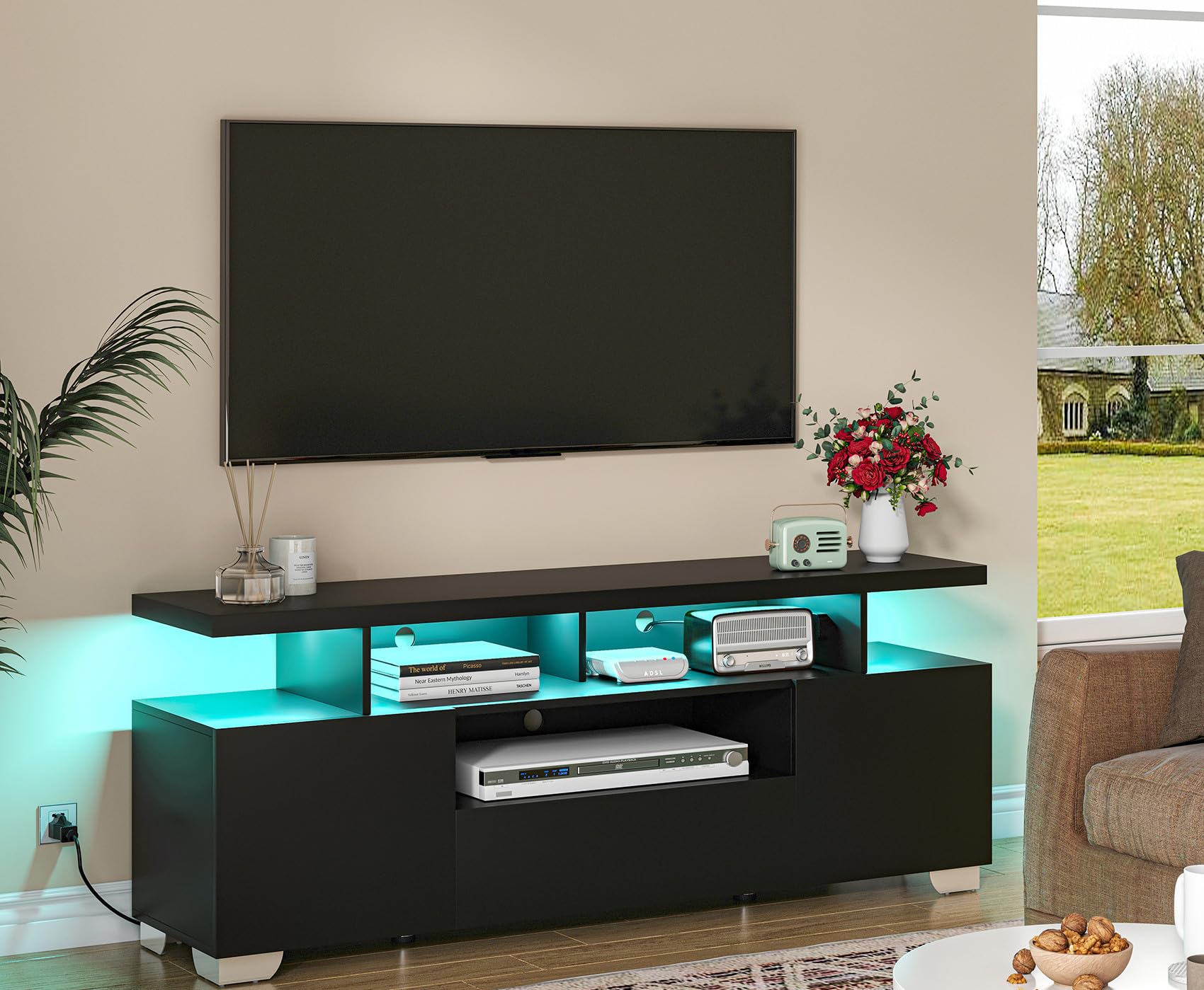 Modern TV Stand with Power Outlet, TV Console with LED Lights, TV Stand for 65 inch TV, Gaming Entertainment Center with Storage Cabinet and Large Storage, TV Stands for Living Room, Bedroom, Black