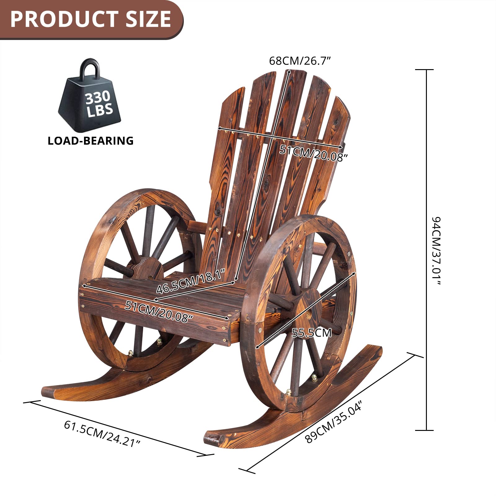 COOBL Log Rocking Chair,Solid Wood High Back Rocker with Wheel Armrest,All Weather Resistant Porch Rocker for Lawn Garden Backyard Patio