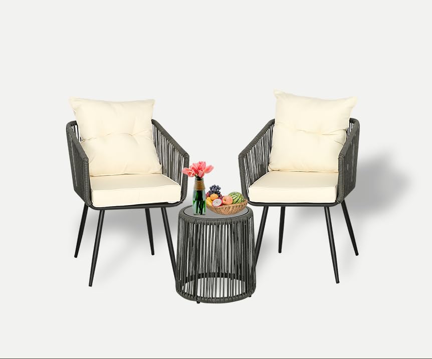 Furnivilla 3 Piece Patio Set Patio Furniture Wicker Patio Chairs and Tempered Glass Table for Balcony Backyard Garden(Beige)