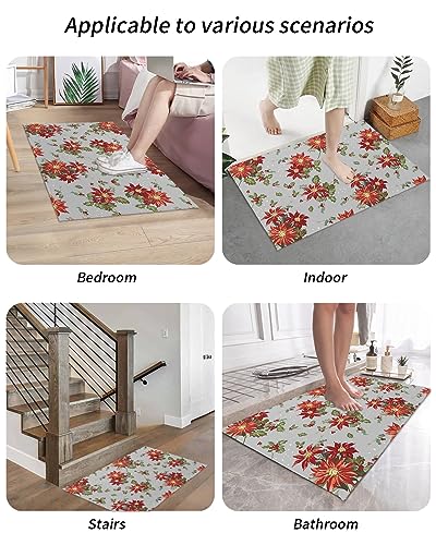 Indoor Outdoor Mats, Christmas Flowers and Leaves Tile Pattern Door Mat, Non-Slip Absorbent Resist Dirt Entrance Mat Washable Welcome Mats for Entryway, Low-Profile Floor Mats