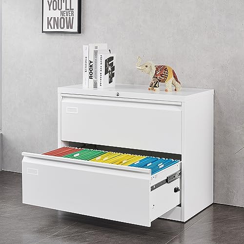2 Drawer Office Lateral File Cabinets with Lock,Metal Filing Cabinets for Home Office,Locking Steel Storage Wide Office Vertical Files Cabinet for Legal/Letter A4 Size,Office Organizer (White)