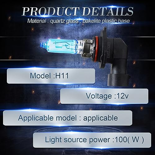 ZKFAR 2 PCS Car Halogen Fog Lamp, 12V 100W PGJ19-2 Super White Light Plug Play, Professional Upgrade Led Bulb Conversion Kit, Universal for Most Car Lights (White #H11)