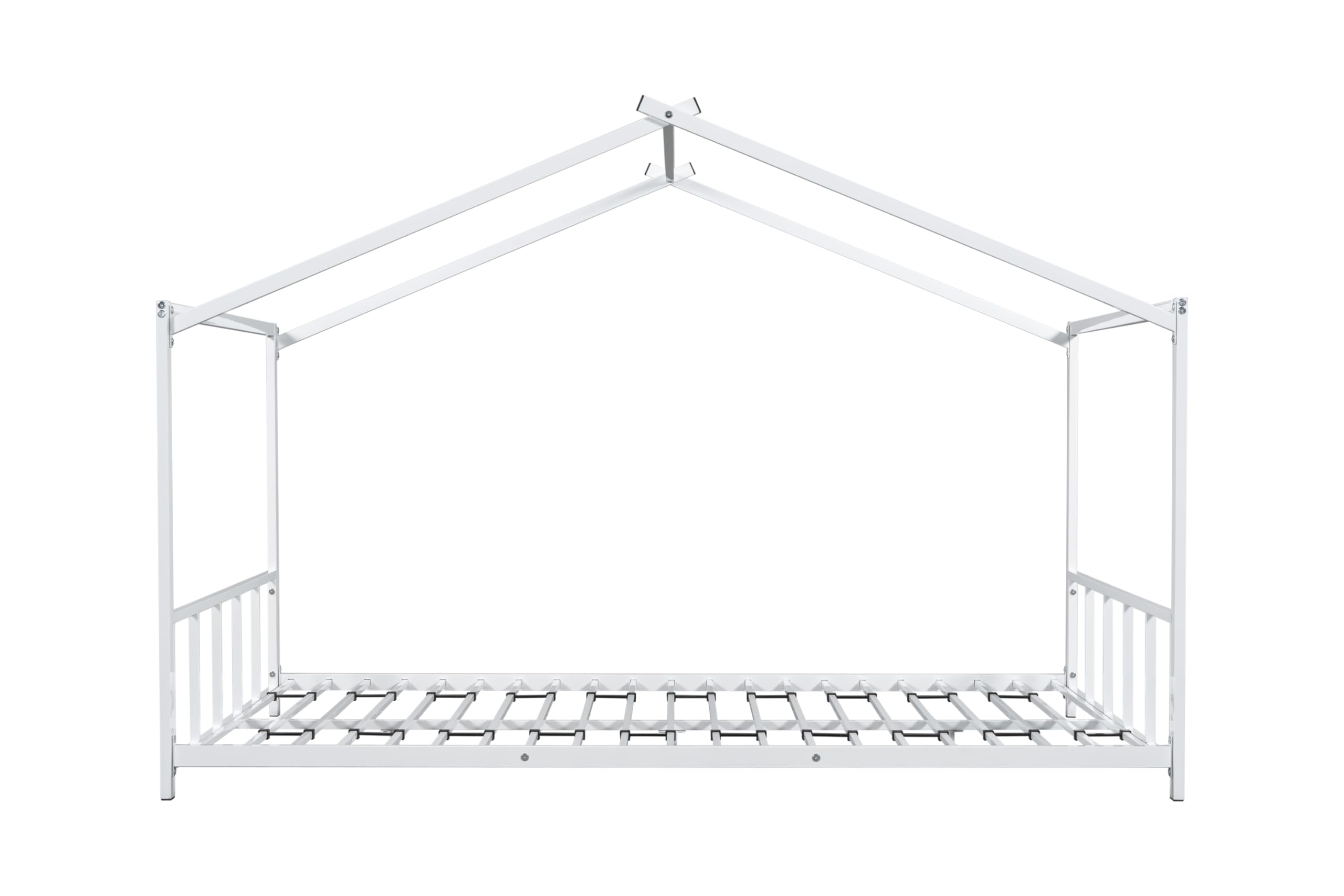 DNYN Full Size Metal House Bed with Roof Design for Kids Bedroom,Sturdy Steel Bedframe,No Box Spring Needed, White
