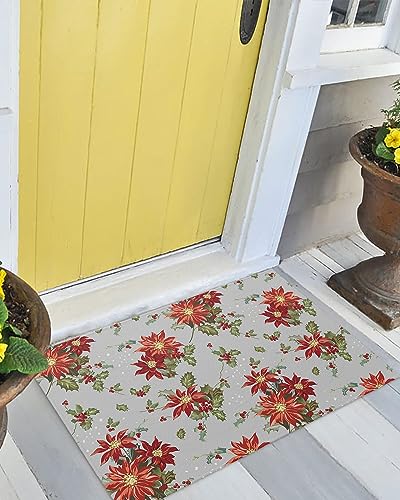 Indoor Outdoor Mats, Christmas Flowers and Leaves Tile Pattern Door Mat, Non-Slip Absorbent Resist Dirt Entrance Mat Washable Welcome Mats for Entryway, Low-Profile Floor Mats