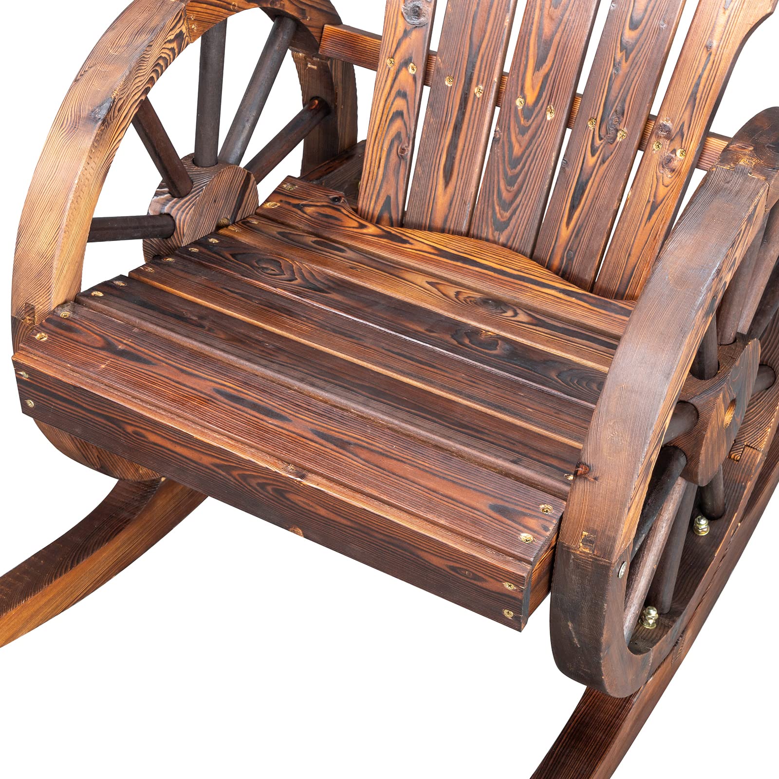 COOBL Log Rocking Chair,Solid Wood High Back Rocker with Wheel Armrest,All Weather Resistant Porch Rocker for Lawn Garden Backyard Patio