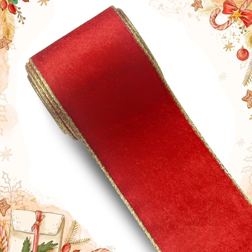 ABTOLS Vintage Red Wired Edge Ribbons 2.5" 10 Yards, Red Velvet Ribbon Gilt Edged Red Solid Color Ribbon for Valentine’s Day Wedding Party DIY Craft Decoration Wreaths Bow