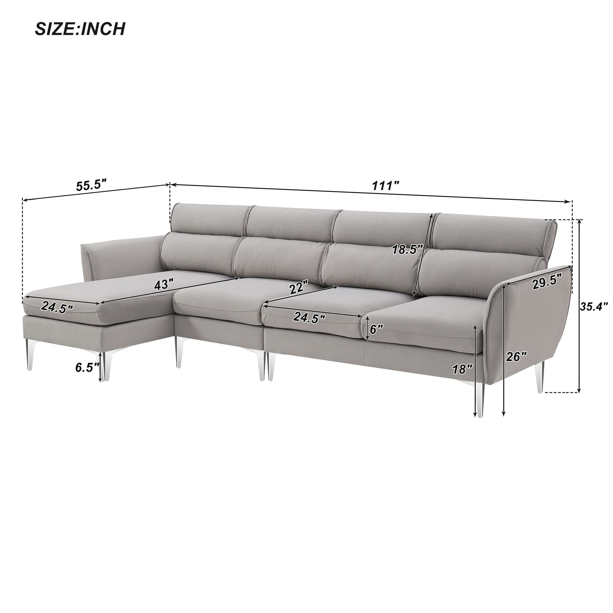 BIADNBZ Sectional Sofa with Reversible Chaise Lounge, Modern Flannel L-Shaped Couch for Living Room Apartment, 111", Gray