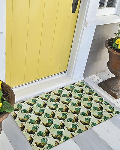 Indoor Outdoor Mats, Retro Farm Rooster Tile Pattern Door Mat, Non-Slip Absorbent Resist Dirt Entrance Mat Washable Welcome Mats for Entryway, Low-Profile Floor Mats