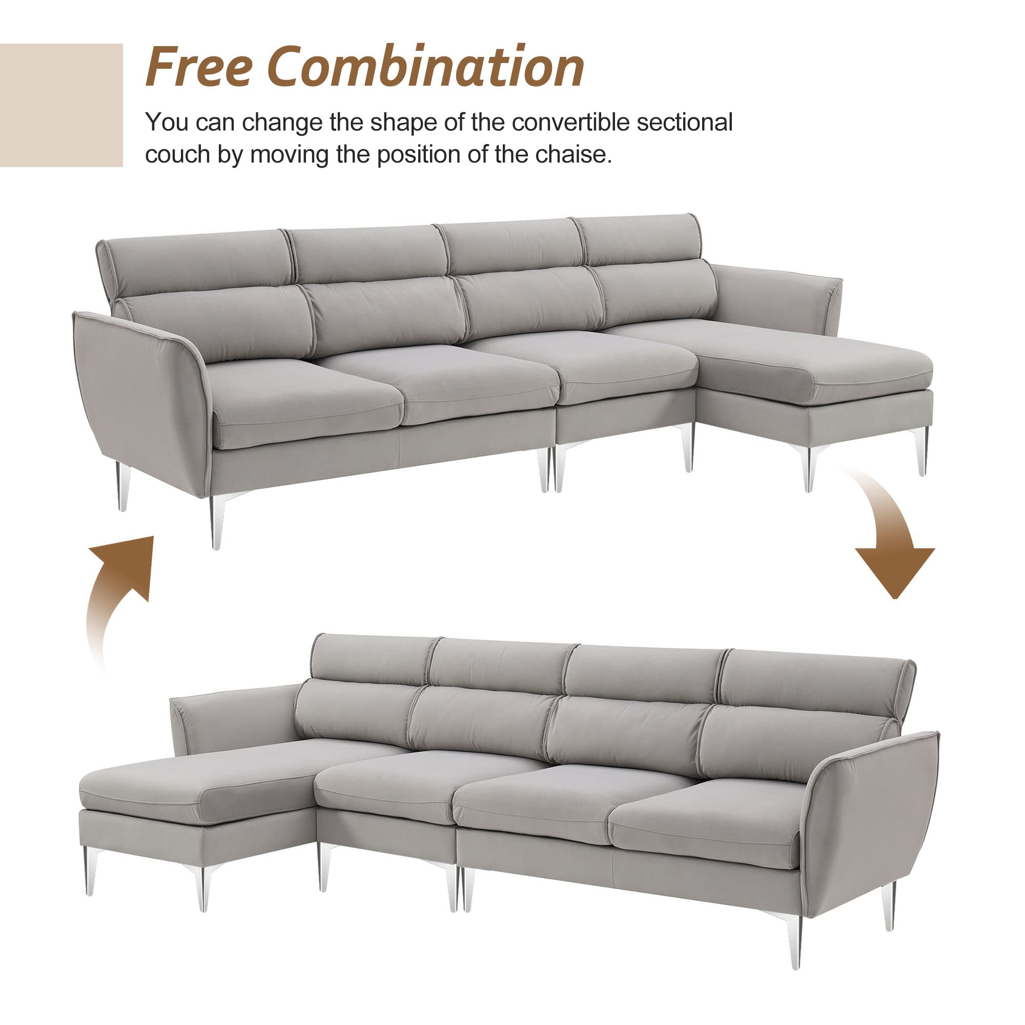 BIADNBZ Sectional Sofa with Reversible Chaise Lounge, Modern Flannel L-Shaped Couch for Living Room Apartment, 111", Gray