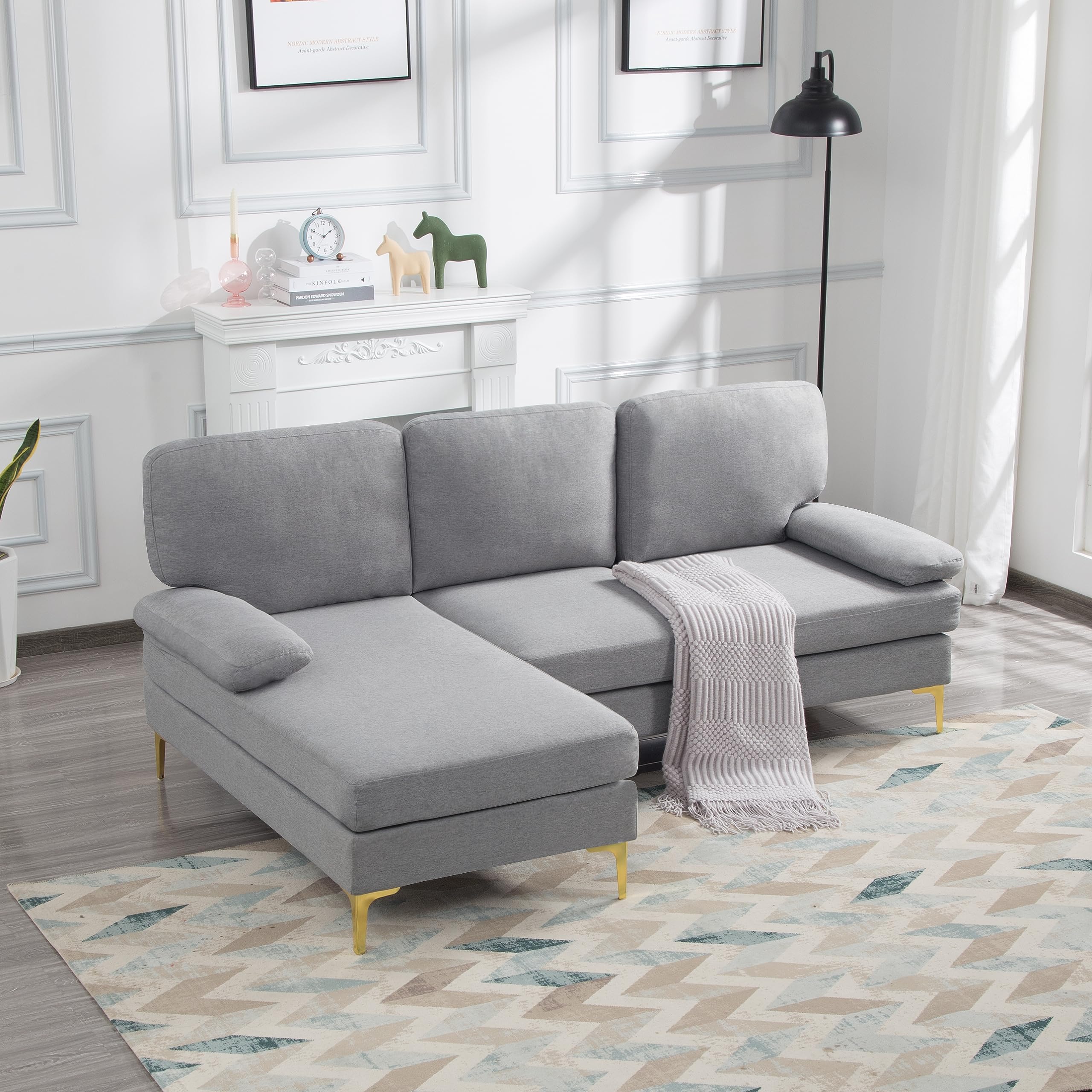 KoiHome 79.5" Left Hand Facing Sectional Sofa Couch with 2 Detachable Armrest Pillows, Modern Fabric 3-seater L Shape Chaise with Metal Legs for Living Room,Apartment,Office, Polyester, Light Grey