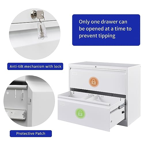 2 Drawer Office Lateral File Cabinets with Lock,Metal Filing Cabinets for Home Office,Locking Steel Storage Wide Office Vertical Files Cabinet for Legal/Letter A4 Size,Office Organizer (White)