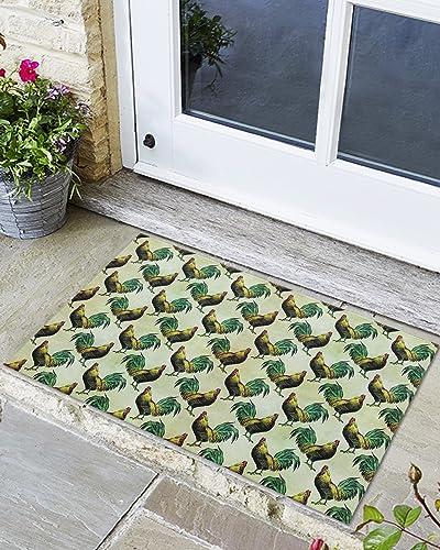 Indoor Outdoor Mats, Retro Farm Rooster Tile Pattern Door Mat, Non-Slip Absorbent Resist Dirt Entrance Mat Washable Welcome Mats for Entryway, Low-Profile Floor Mats