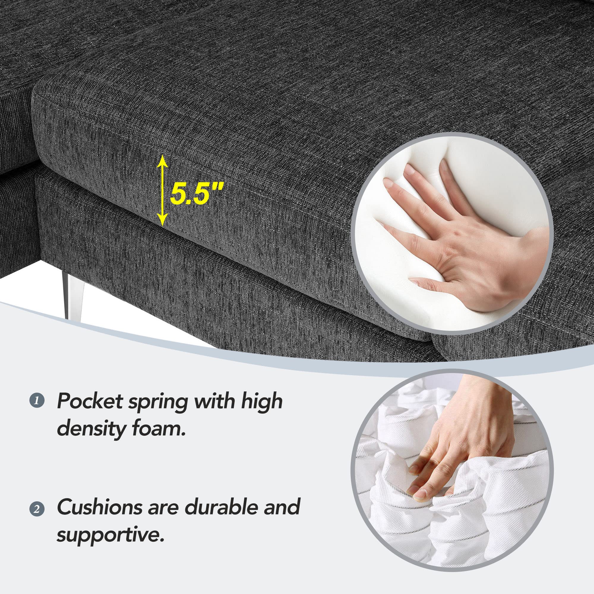 KoiHome 86" Convertible Sectional 2 Pillows, Modern Chenille L-Shaped Couch with Reversible Chaise Lounge, 3-Seater Sofa, Fit for Living Room,Office,Apartment, Polyester, Dark Grey