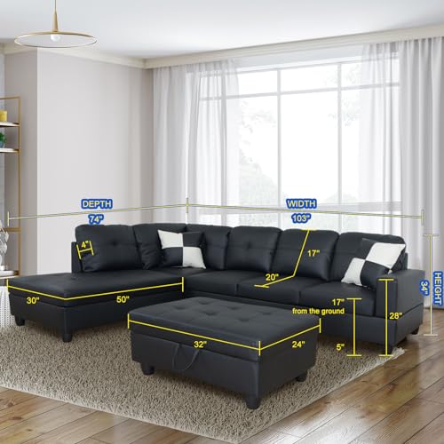 FANYE Linen Upholstery 82" Sectional w/Reversible Storage Chaise, L-Shaped 3-Seaters Corner Pull Out Sleeper Bed for Home Apartment Office Living Room Furniture Sets, Dark Gray Sofa & Couch, Black 1