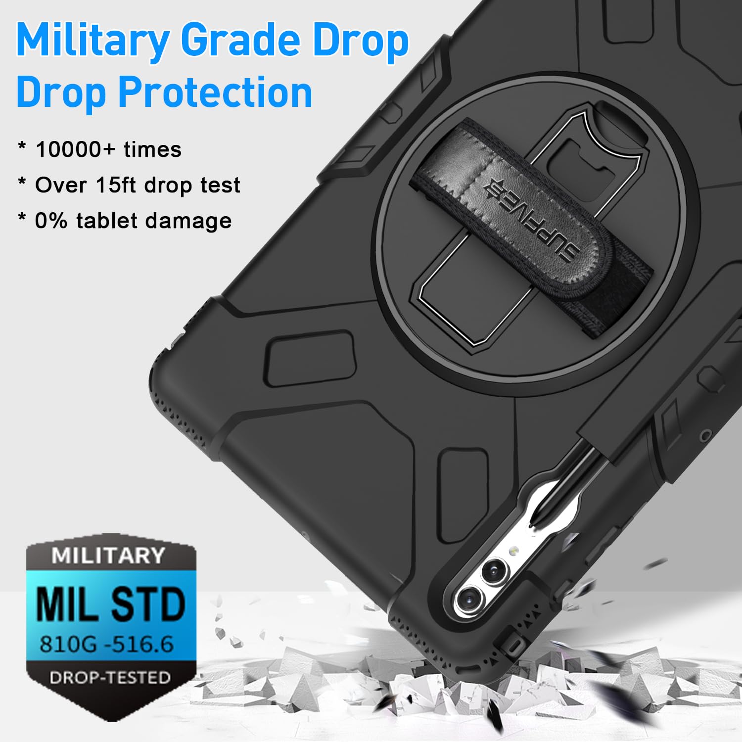 SUPFIVES Case for Galaxy Tab S10 Ultra 14.6 inch 2024, Tablet S9 Ultra 2023 Upgraded Military Liquid Silicone 3 Layers Protection with+Handle+ Rotating Stand+ S-Pen Holder+ Shoulder Strap- Black