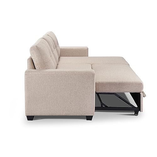 American Furniture Classics Beige Tufted Sectional Chaise Sofa Sleeper with Storage, 92" x 59" x 36"