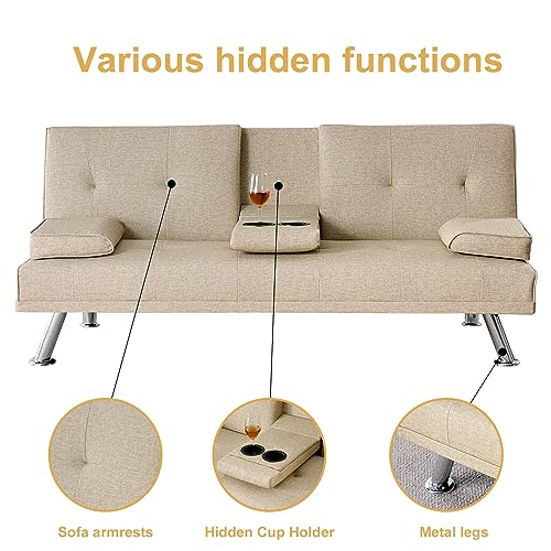 JCSTEU 67" Leather Sofa Bed with Cup Holder, Folding Sleeper Loveseat Couch with Adjustable Backrests, Convertible Loveseat Sofa for Living Room, Apartment,600 LBS Support (Beige)