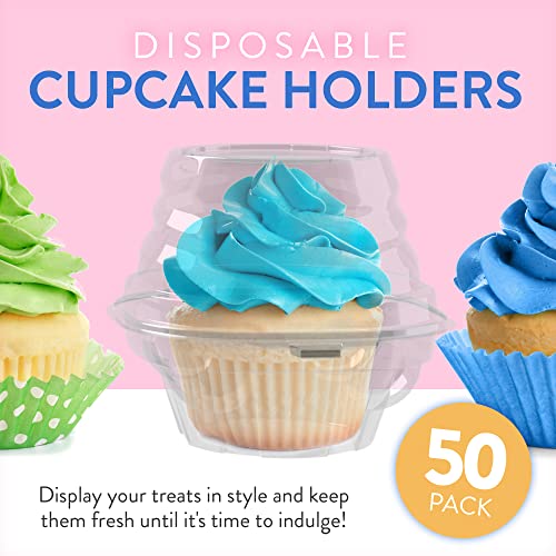 Individual Cupcake Containers (50 Pack) | Clear Plastic Disposable Cupcake Boxes/Holders | Single Cupcake Holder with Dome Lid Bulk | BPA-Free Plastic Cupcake Muffin Container Carrier Boxes to Go