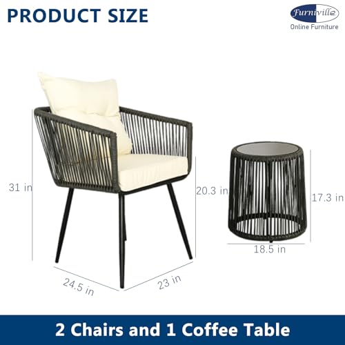 Furnivilla 3 Piece Patio Set Patio Furniture Wicker Patio Chairs and Tempered Glass Table for Balcony Backyard Garden(Beige)