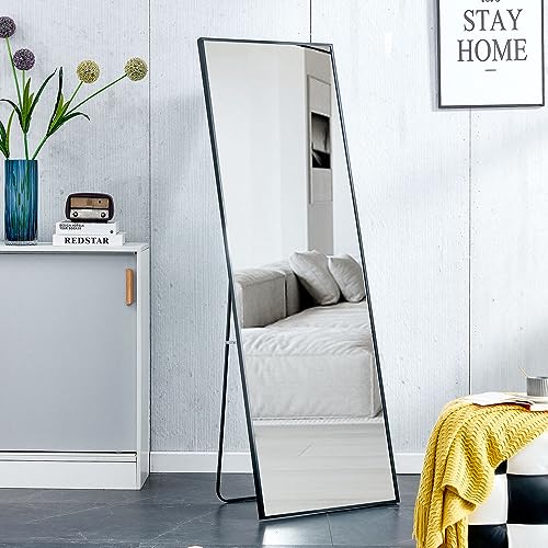 Yone jx je Rectangular Full Length Mirror,Big Free Standing Body Mirror,Floor Length Mirror with Stand,Anti-Rust Solid Wood Frame, Long Wall Mirror for Bedroom (Black+Mirror(65" x 23")
